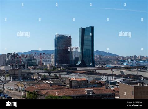 April 19 2023 Marseille France The Cma Cgm Tower Seen From The Middle Of The Euromed 2