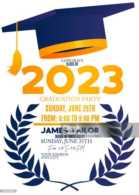 2023년 졸업생을 기리는 파티 대학 졸업자 템플릿에 대한 벡터 디자인 초대장입니다 졸업 행사 인사말 아이콘 요소가 있는 졸업 앨범 배경 졸업식에 대한 스톡 벡터 아트 및