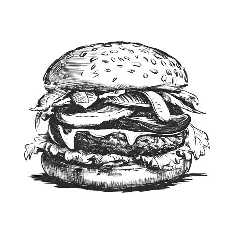 버거 모노크롬 잉크 스케치 터 드로잉 조각 스타일 일러스트레이션 프리미엄 벡터