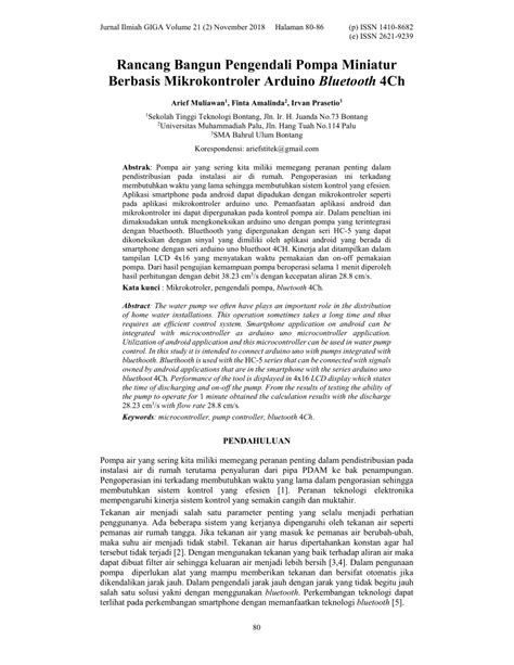 PDF Rancang Bangun Pengendali Pompa Miniatur Berbasis Mikrokontroler Arduino Bluetooth Ch