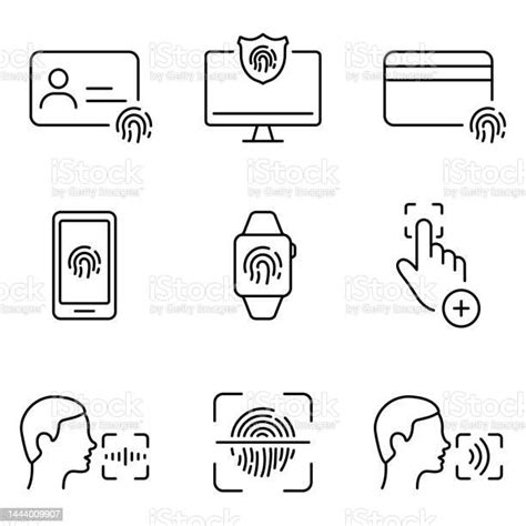 암호 지문 음성 명령 확인 라인 아이콘 세트 생체 인식 기술 데이터 보호 픽토그램 지문 Id 기호입니다 편집 가능한 획 고립된