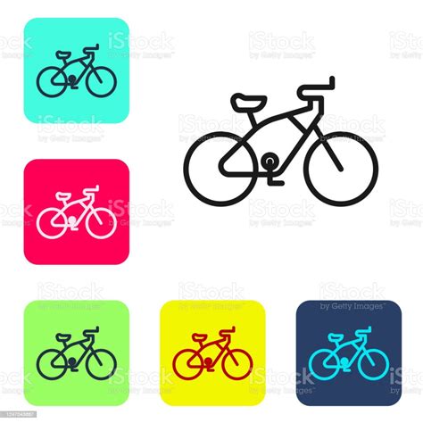 흰색 배경에 격리 된 검은 선 자전거 아이콘입니다 자전거 경주 익스트림 스포츠 스포츠 장비 색상 정사각형 버튼으로 아이콘을 설정합니다 벡터 일러스트레이션 건강한 생활방식에