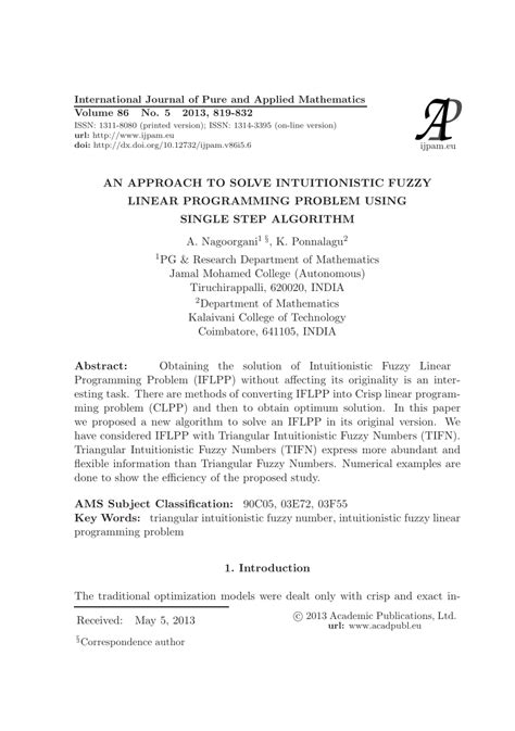 Pdf An Approach To Solve Intuitionistic Fuzzy Linear Programming Problem Using Single Step
