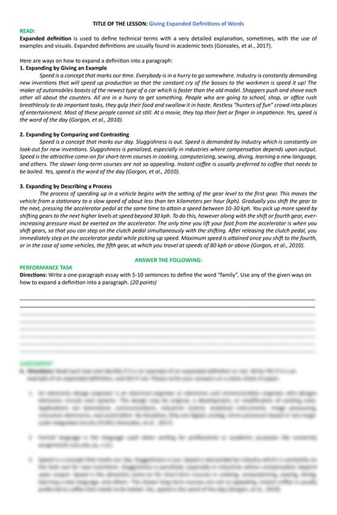 SOLUTION Activity Sheet On Giving Expanded Definitions Of Words Studypool
