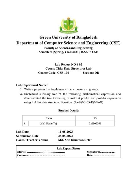 Cse 106 Lab Report 2 222902066 New Green University Of Bangladesh Department Of Computer