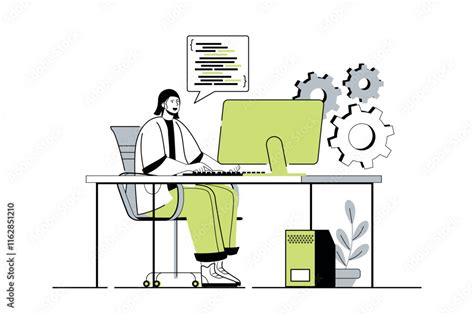 Programmer Working Web Concept With Flat Cartoon People For Website Design Man Working With