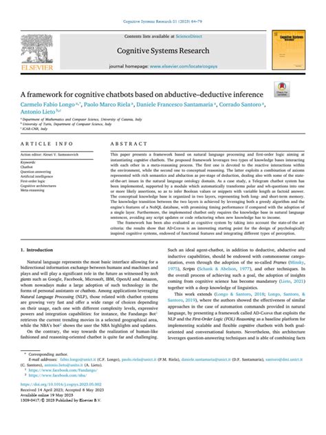 A Framework For Cognitive Chatbots Based On Abductiv 2023 Cognitive Systems Pdf