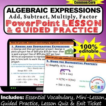 ALGEBRAIC EXPRESSIONS Simplify Factor PowerPoint Lesson Practice DIGITAL