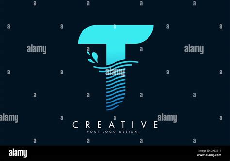 Blue T Letter Logo With Waves And Water Drops Design Vector
