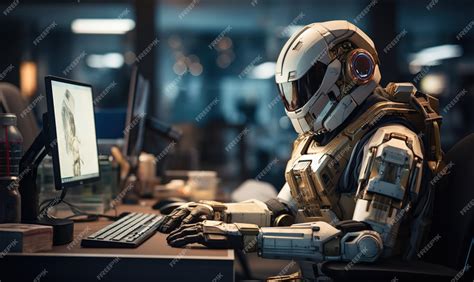 Premium Ai Image Humanoid Robot Uses A Laptop And Sits At A Table To Analyze Big Data Using