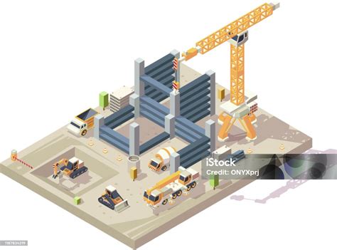 구성 아이소메트릭 옥외 건물 높은 편성 건설 노동자 차량 노란 자동차 크레인 수송기 굴삭기 벡터 건설 산업에 대한 스톡 벡터 아트 및 기타 이미지 Istock