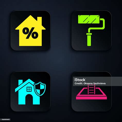 사다리가 있는 수영장 퍼캔트 할인 태그가 있는 집 방패가 있는 집 페인트 롤러 브러시를 설정합니다 검은색 사각형 버튼입니다 벡터