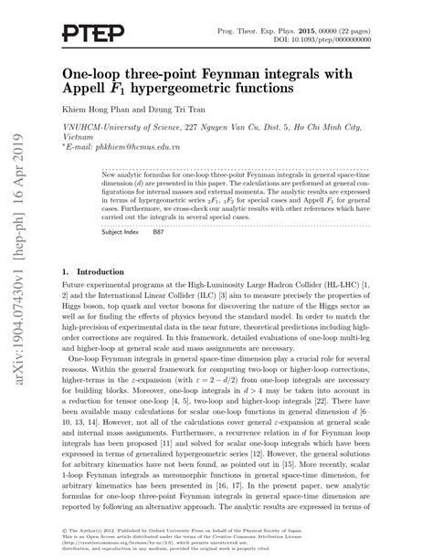 Pdf One Loop Three Point Feynman Integrals With Appell F1