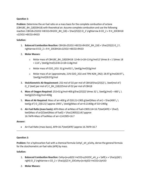 Combustion Questions Pdf Mole Unit Stoichiometry