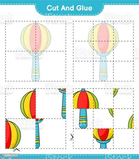 잘라 붙이고 접착제를 자르고 베이비 래틀의 일부를 자르고 접착제를 붙입니다 교육 어린이 게임 인쇄 워크 시트 벡터 일러스트레이션