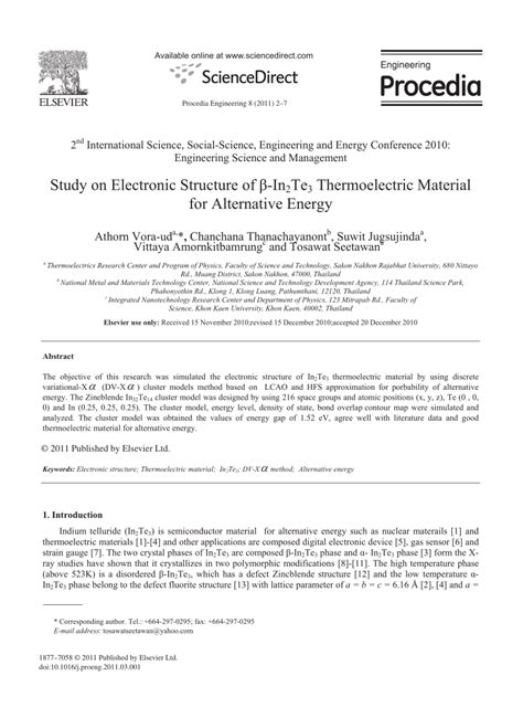 PDF Study on Electronic Structure of β In2Te3 Thermoelectric Materialfor Alternative Energy