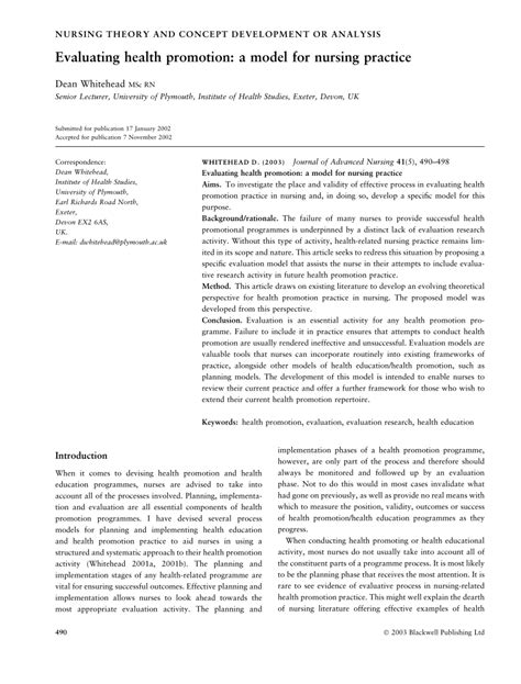 Pdf Evaluating Health Promotion A Model For Nursing Practice