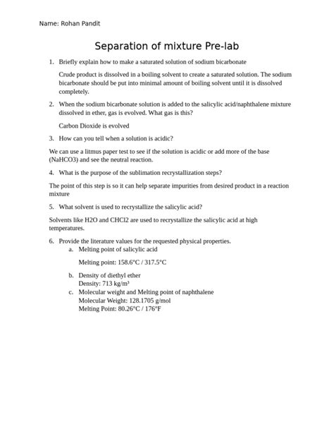 Separation Of A Mixture Prelab Rohan Pandit Chem 255 Lab 06l Pdf
