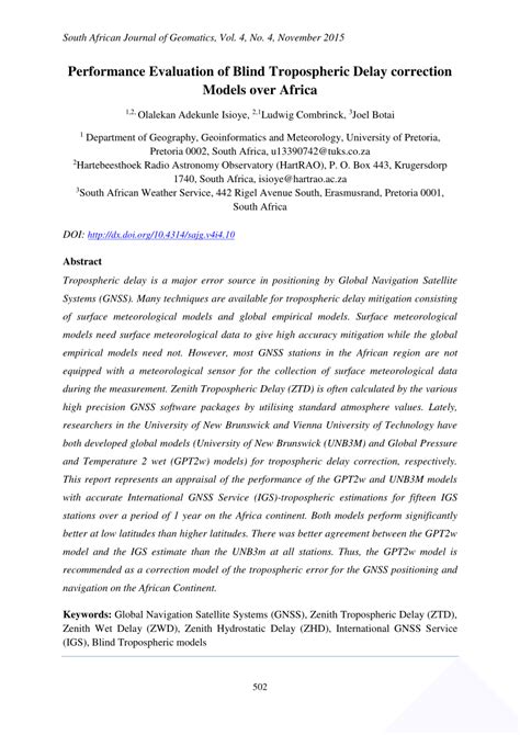 Pdf Performance Evaluation Of Blind Tropospheric Delay Correction Models Over Africa