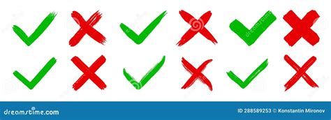 Dirty Grunge Hand Drawn With Brush Strokes Cross X And Tick OK Check Marks V Vector Illustration