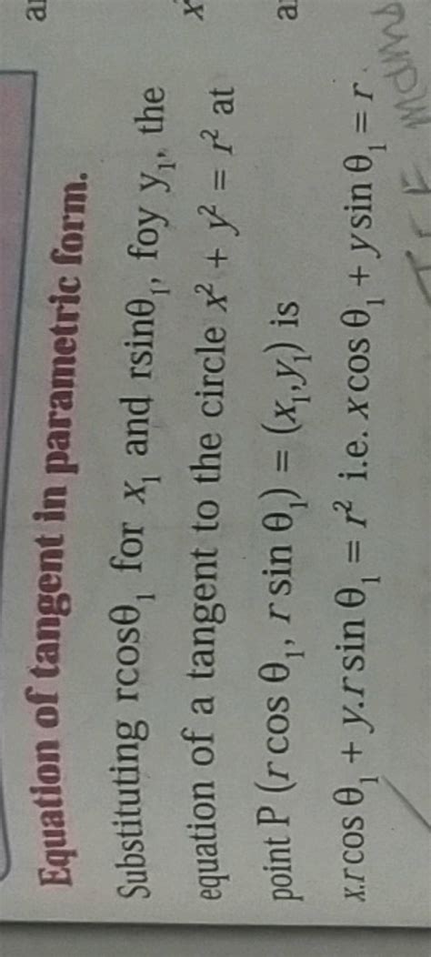 Equation Of Tangent In Parametric Form Substituting Rcosθ1 For X1 And