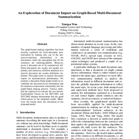 An Exploration Of Document Impact On Graph Based Multi Document Summarization Acl Anthology