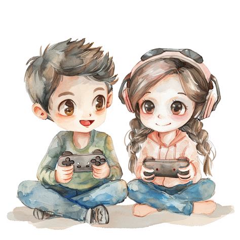 Cute Gamer Couple Watercolor Clipart Clipart Tips
