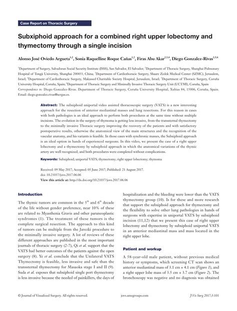 Pdf Subxiphoid Approach For A Combined Right Upper Lobectomy And