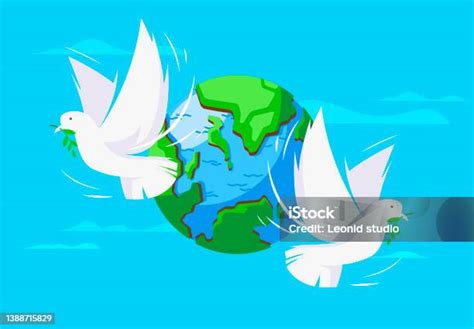 행성 지구의 배경에 평화의 두 흰색 비둘기 상징의 벡터 그림 지구에 평화를 유지 공휴일에 대한 스톡 벡터 아트 및 기타 이미지 공휴일 깃털 나뭇가지 Istock
