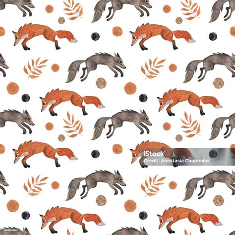 늑대와 여우 원활한 패턴 만화 스타일의 수채화 그림 아기 직물 패브릭 디자인 스크랩북 벽지 등을 위한 귀여운 질감 곰에 대한 스톡 벡터 아트 및 기타 이미지 Istock