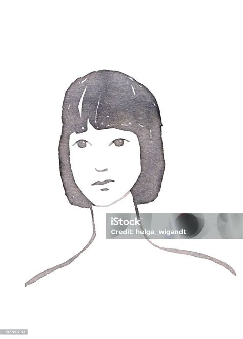 짧은 머리와 젊은 예쁜 여자 간단한 세로 수채화로 그린 흑백 그림입니다 수채화에 대한 스톡 벡터 아트 및 기타 이미지 수채화 여자 금발 머리 Istock
