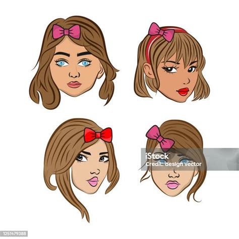 다양한 헤어 스타일과 테이프 색상을 가진 여성 네 가지 얼굴을 가진 네 가지 아름다운 여성 0명에 대한 스톡 벡터 아트 및 기타 이미지 Istock