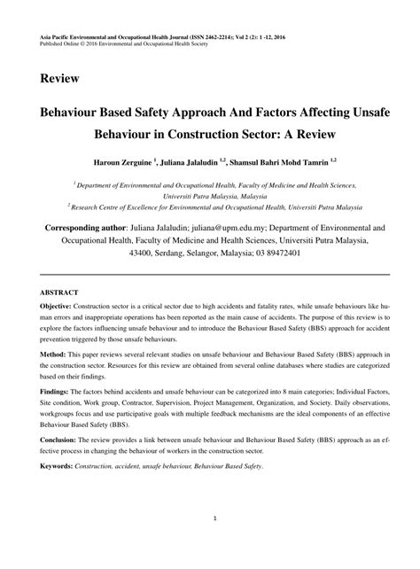 Pdf Behaviour Based Safety Approach And Factors Affecting Unsafe Behaviour In Construction