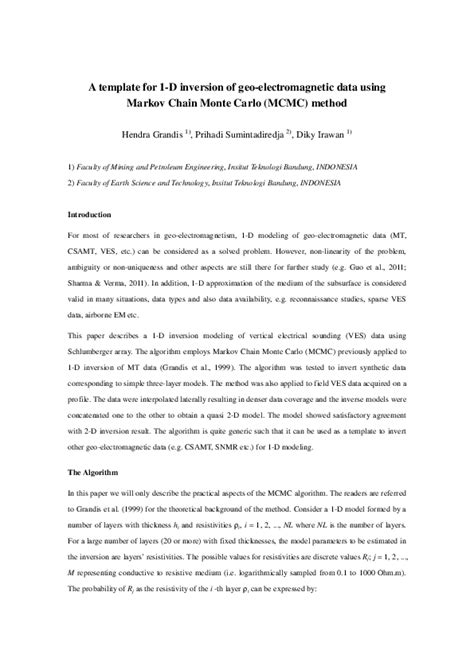 A Template For 1 D Inversion Of Geo Electromagnetic Data Using Markov Chain Monte Carlo Mcmc