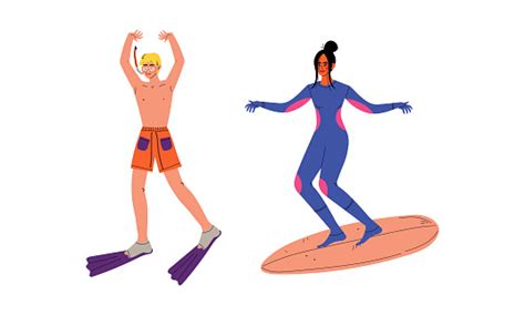 스노클링 마스크와 서핑 보드뜨거운 여름 벡터 세트를 즐기는 해변에서 젊은 남자와 여자 개념에 대한 스톡 벡터 아트 및 기타 이미지 개념 계절 관광 Istock