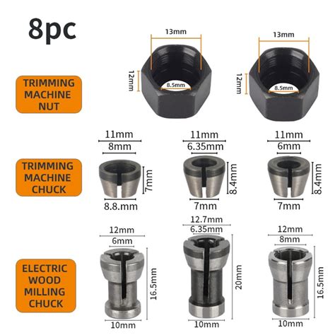 8pcs Collet Chuck Set For Engraving Trimming Machine Wood Router