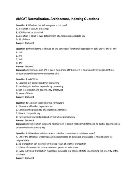 Amcat Normalisation Architecture Indexing Questions Pdf Database Transaction Computer Data