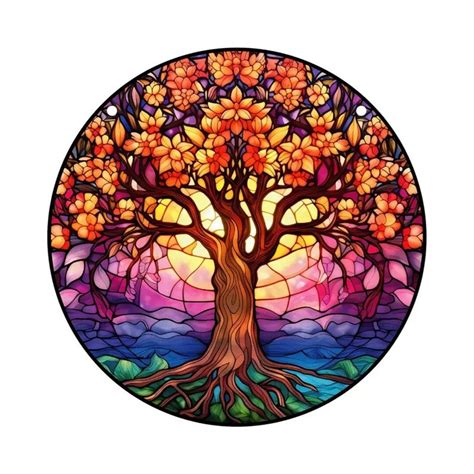 Suncatcher Tree Of Life Leaves Flowers Orange Glow Sun Faux Stained Glass Acrylic Etsy