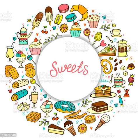흰색 배경에 화려한 낙서 과자 음식의 프레임 벡터 케이크 비스킷 베이킹 쿠키 도넛 아이스크림 마카롱 커피 디저트 메뉴나 디자인에 딱 맞습니다 둥근 프레임 구성 개체 그룹에