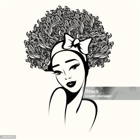 뷰티 살롱 로고입니다 곱슬 헤어 스타일과 리본 활 머리 밴드와 아름다운 아프리카 미국 여성 화장품 메이크업 패션 일러스트 가발에 대한 스톡 벡터 아트 및 기타 이미지