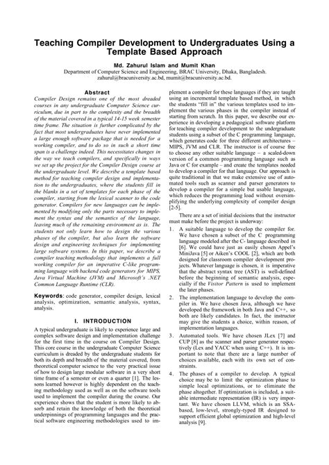 Pdf Teaching Compiler Development To Undergraduates Using A Template Based Approach