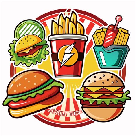 Cartoon Fast Food With Burgers French Fries And A Soda Cup With A