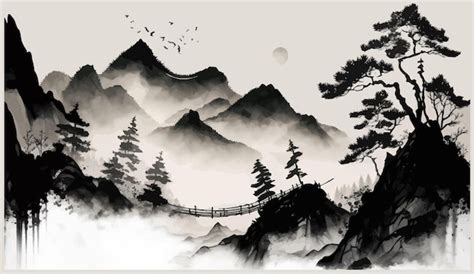 Web전통적인 동양 최소한의 일본 스타일 벡터 일러스트 레이 션 산의 양식된 검정 잉크 세척 그림 프리미엄 벡터