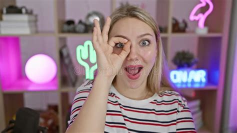 Surprised Look On A Young Blonde Woman Streamer S Face As She S Gaming