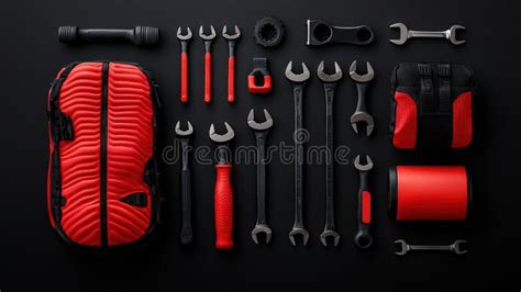 Toolkit With Red And Black Tools On A Dark Background Stock