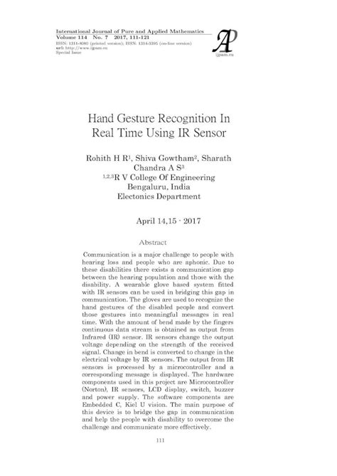 PDF Hand Gesture Recognition In Real Time Using IR Sensor Hand Gesture Recognition In Real