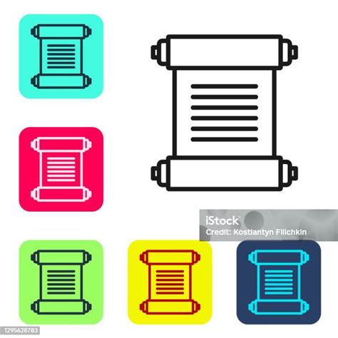 검은 줄 법령 종이 양피지 흰색 배경에 격리 된 스크롤 아이콘 아이콘 색상 정사각형 단추로 아이콘을 설정합니다 벡터 검은색에 대한 스톡 벡터 아트 및 기타 이미지 Istock