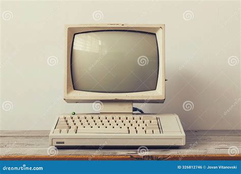 Vintage Retro Computer With Monitor And Keyboard On Wooden Desk Stock Illustration