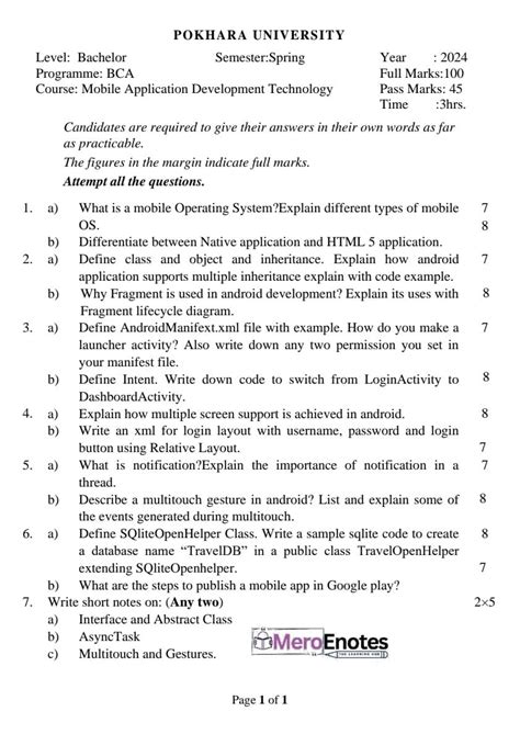 PU BCA Mobile Application Development Technology Question Paper Th Semester Mero Enotes