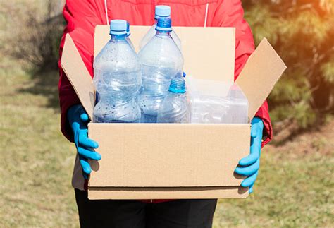 한 여성이 플라스틱 쓰레기가 있는 종이 상자를 들고 있다 폐기물 선별 및 재활용 개념 개념에 대한 스톡 사진 및 기타 이미지 개념 고름 문제 Istock